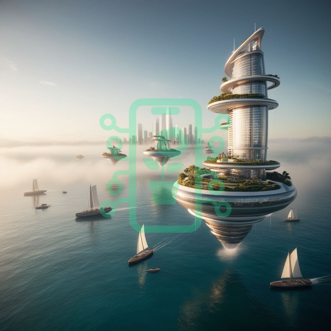 Futuristic Floating Towers Above a Serene Ocean | AI-Generated Image ...